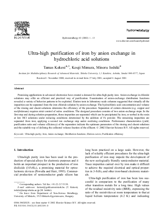 (PDF) Ultra-high purification of iron by anion exchange in hydrochloric ...