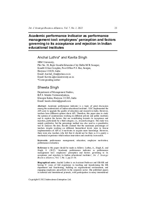 (PDF) Academic performance indicator as performance management tool: employees' perception and ...
