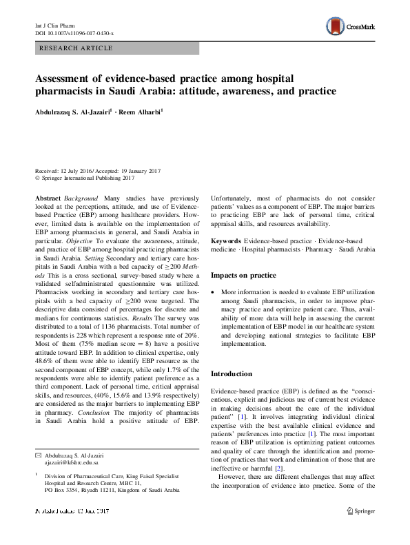 (PDF) Assessment of evidence-based practice among hospital pharmacists ... (PDF) Assessment of evidence-based practice among hospital pharmacists ...