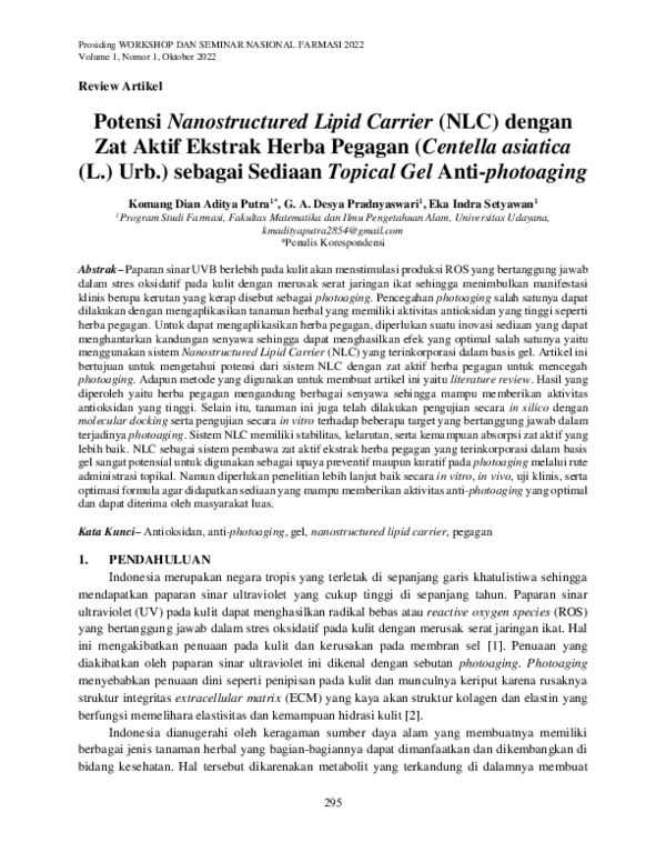 (PDF) Potensi Nanostructured Lipid Carrier (NLC) dengan Zat Aktif Ekstrak Herba Pegagan ...