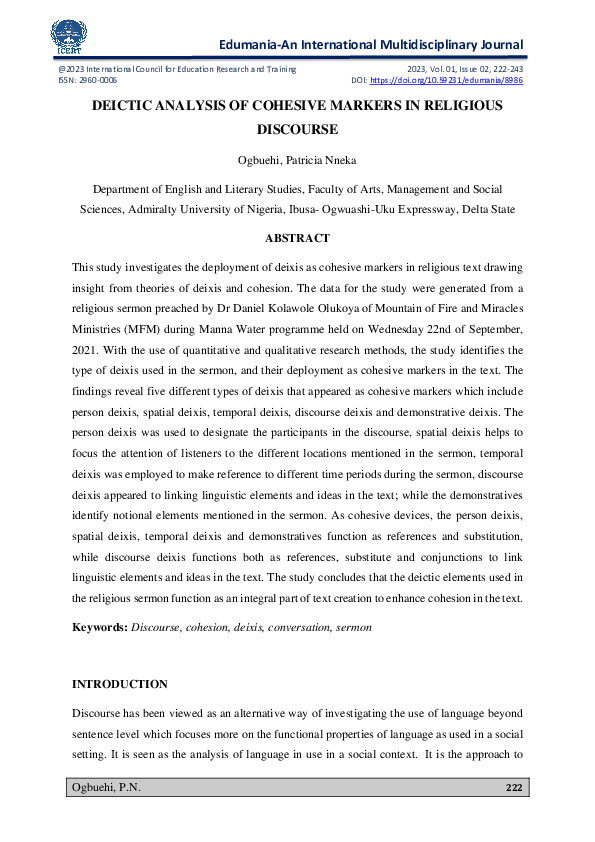 (PDF) DEICTIC ANALYSIS OF COHESIVE MARKERS IN RELIGIOUS DISCOURSE