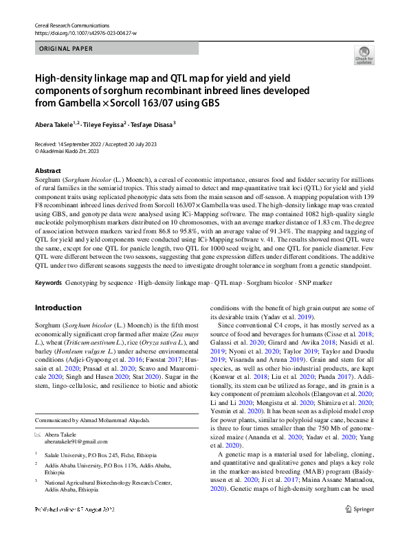 (PDF) High-density linkage map and QTL map for yield and yield components of sorghum recombinant ...