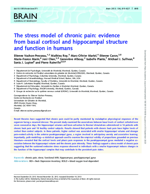 (PDF) The stress model of chronic pain: evidence from basal cortisol ...