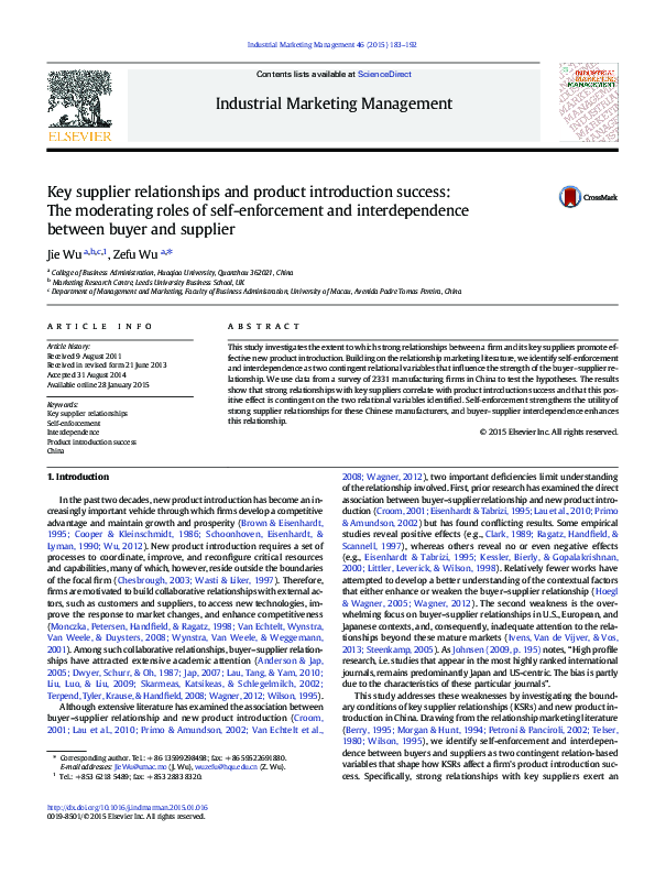 (PDF) Key supplier relationships and product introduction success: The ...