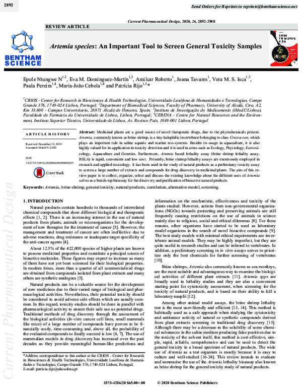 (PDF) Artemia species: An Important Tool to Screen General Toxicity Samples