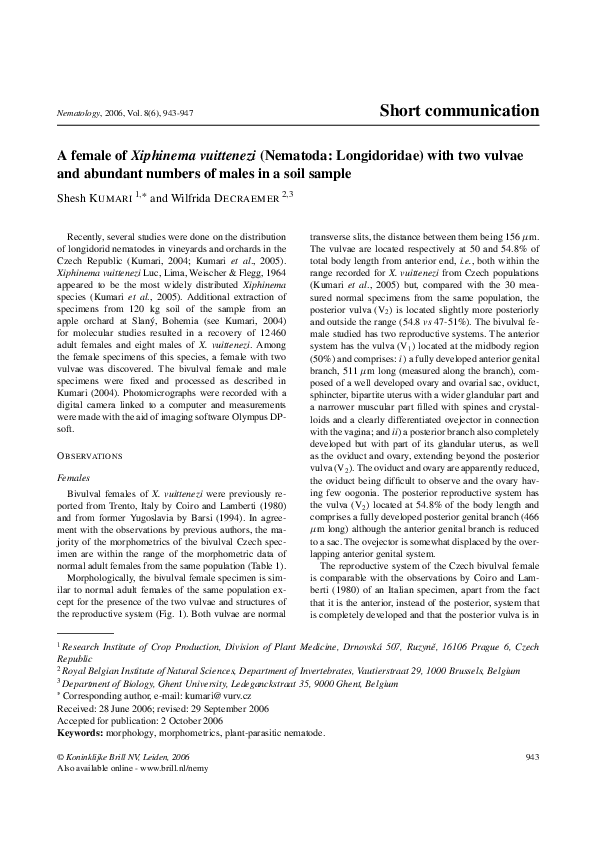 (PDF) A female of Xiphinema vuittenezi (Nematoda: Longidoridae) with ...