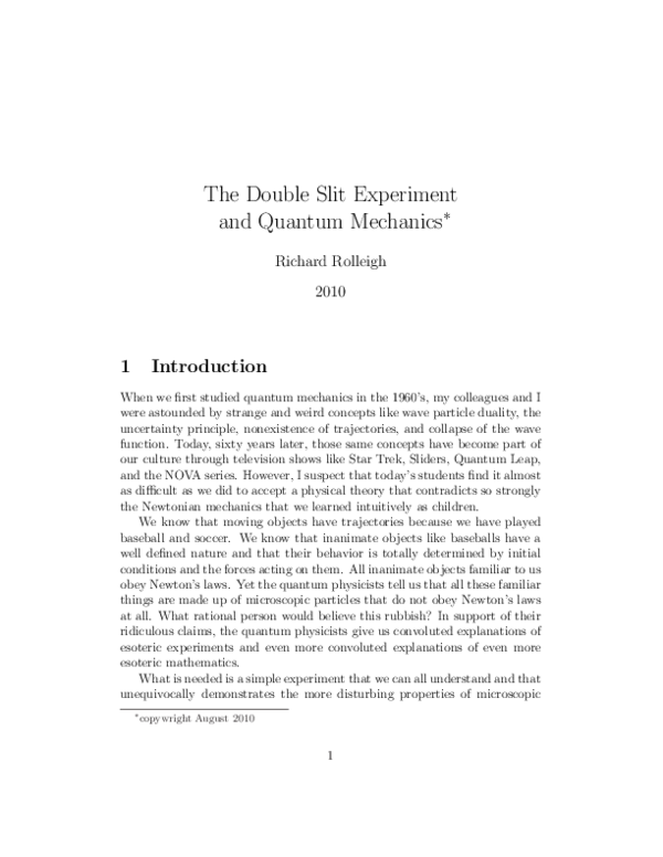 (PDF) The Double Slit Experiment and Quantum Mechanics ∗