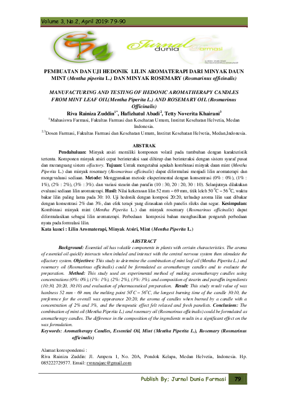 (PDF) Pembuatan dan Uji Hedonik Lilin Aromaterapi dari Minyak Daun Mint (Mentha piperita L.) dan ...