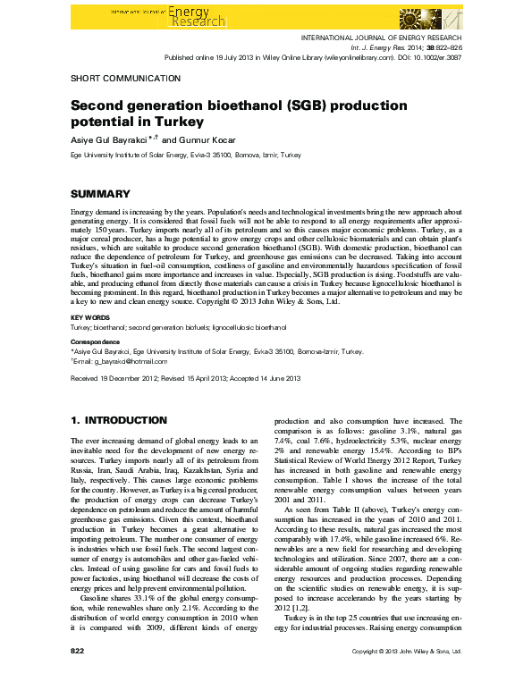 (PDF) Second generation bioethanol (SGB) production potential in Turkey