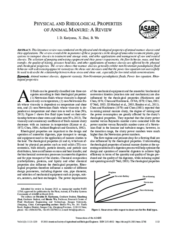 (PDF) Physical and Rheological Properties of Animal Manure: A Review