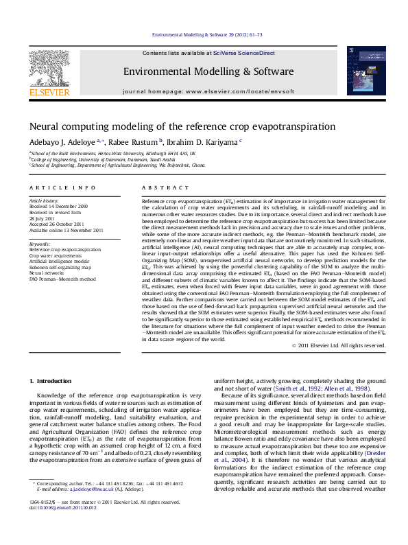 (PDF) Neural computing modeling of the reference crop evapotranspiration | Ibrahim Denka ...