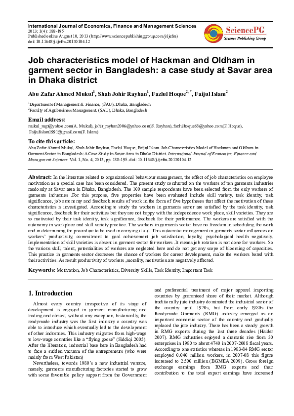 (PDF) Job Characteristics Model of Hackman and Oldham in Garment Sector ...