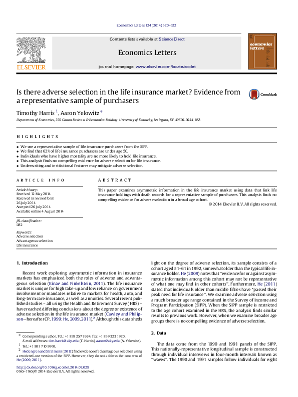 (PDF) Is there adverse selection in the life insurance market? Evidence ...