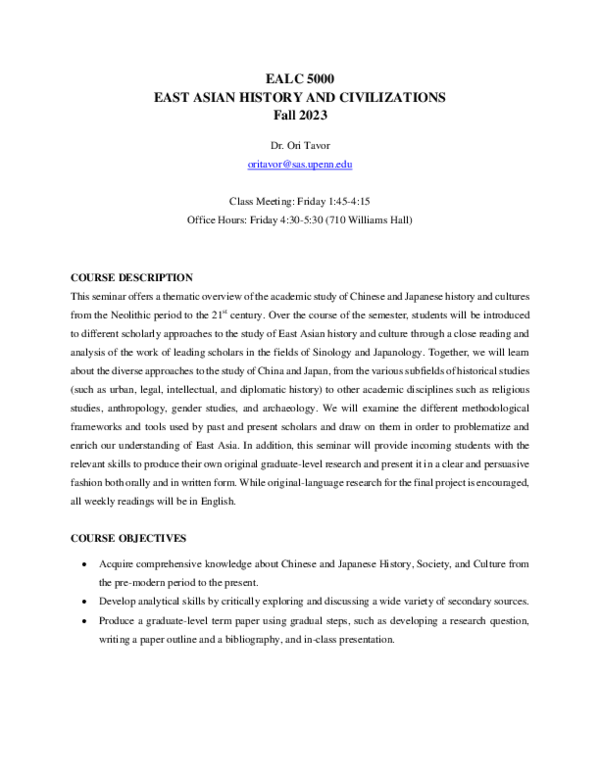 (PDF) East Asian History and Civilizations Syllabus (Graduate Seminar)