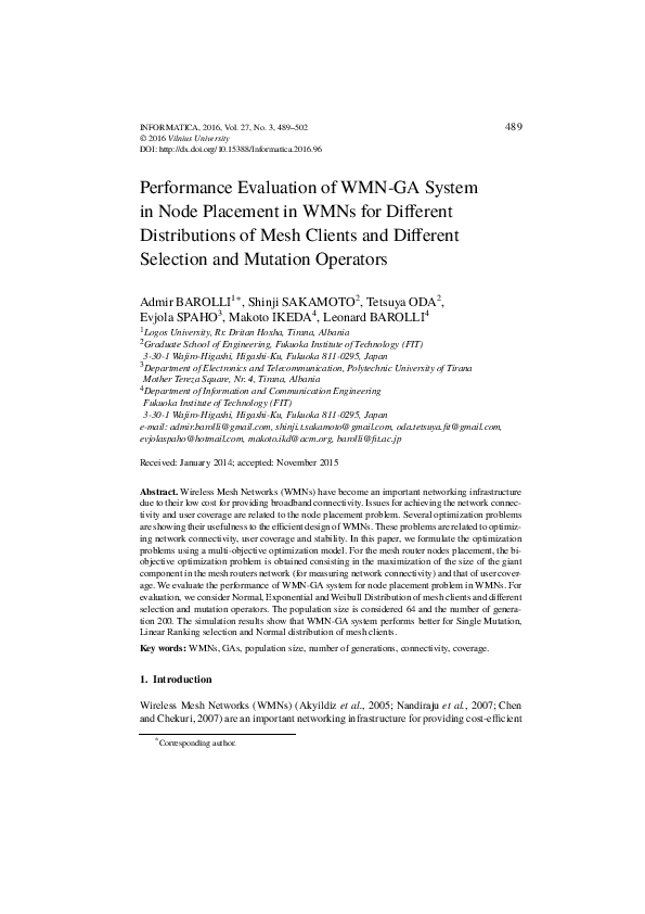 (PDF) Performance Evaluation of WMN-GA System in Node Placement in WMNs for Different ...