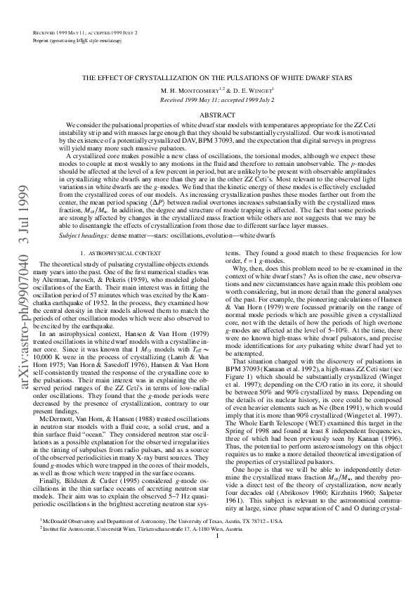 (PDF) The Effect of Crystallization on the Pulsations of White Dwarf Stars