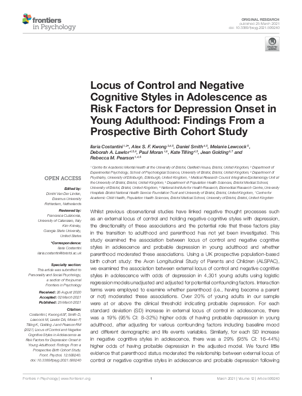 (PDF) Locus of Control and Negative Cognitive Styles in Adolescence as ...