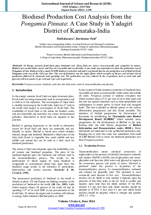 (PDF) Biodiesel Production Cost Analysis from the Pongamia Pinnata: A Case Study in Yadagiri ...