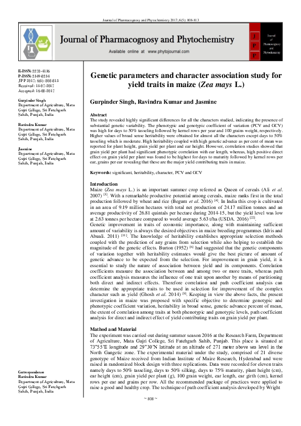 (PDF) Genetic parameters and character association study for yield traits in maize ( Zea mays L . )
