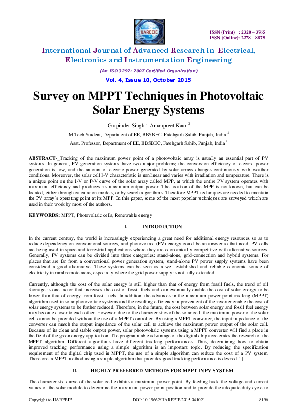 (PDF) Survey on MPPT Techniques in Photovoltaic Solar Energy Systems