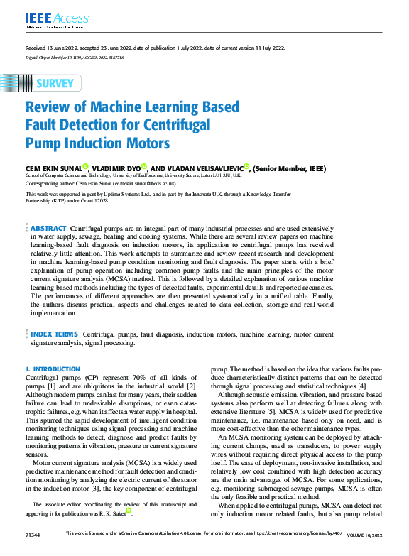 Pdf Review Of Machine Learning Based Fault Detection For Centrifugal Pump Induction Motors