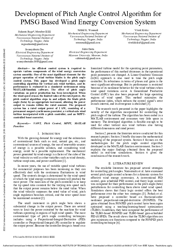 (PDF) Development of Pitch Angle Control Algorithm for PMSG Based Wind Energy Conversion System