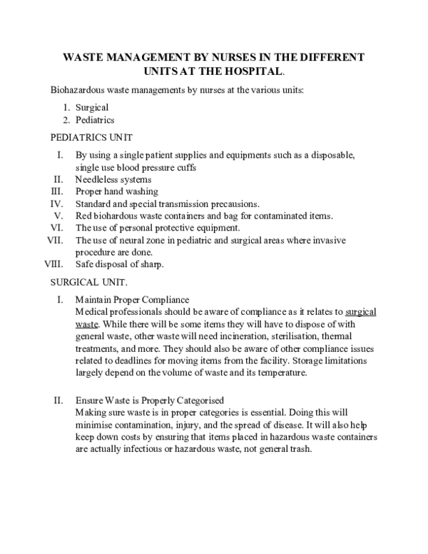 (DOC) WASTE MANAGEMENT BY NURSES IN THE DIFFERENT UNITS AT THE HOSPITAL