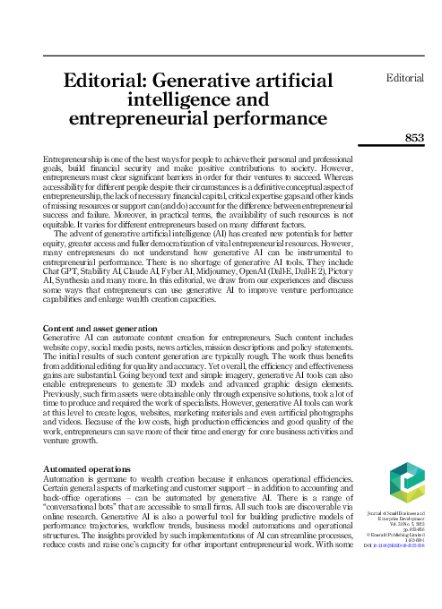 (PDF) Editorial: Generative artificial intelligence and entrepreneurial ...