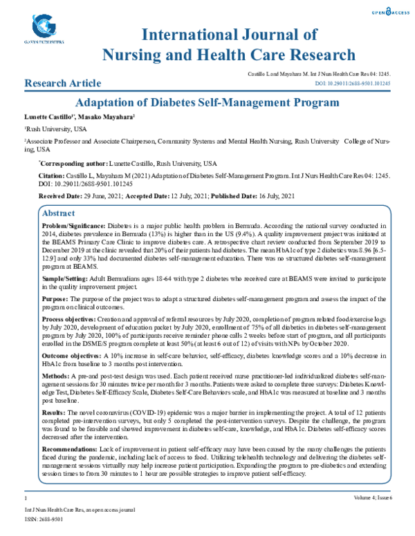 (PDF) Adaptation of Diabetes Self-Management Program