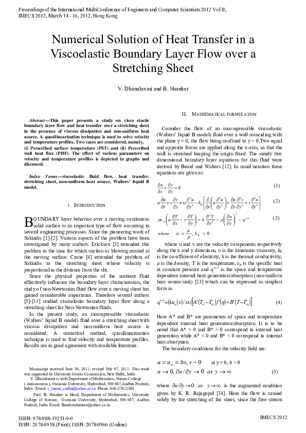 (PDF) Numerical Solution of Heat Transfer in a Viscoelastic Boundary Layer Flow over a ...