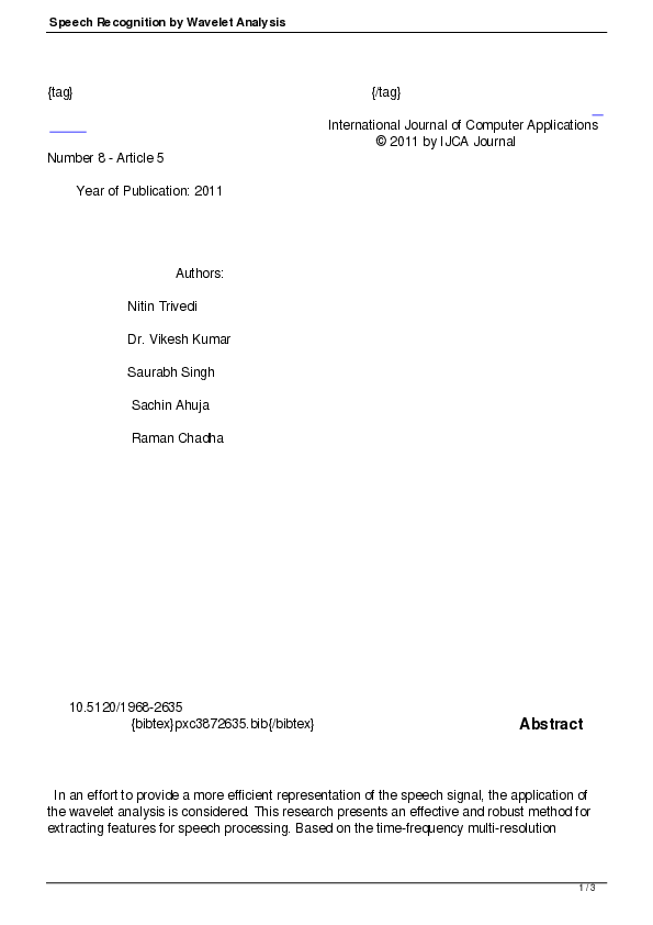 (PDF) Speech Recognition by Wavelet Analysis