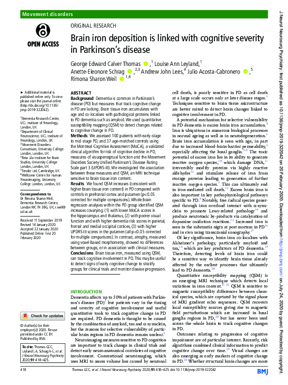 (PDF) Brain iron deposition is linked with cognitive severity in Parkinson’s disease