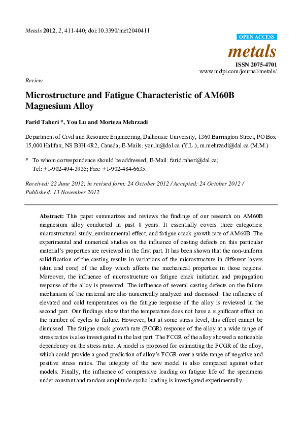 (PDF) Microstructure and Fatigue Characteristic of AM60B Magnesium Alloy