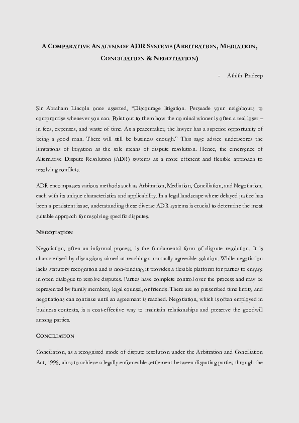 (PDF) A COMPARATIVE ANALYSIS OF ADR SYSTEMS (ARBITRATION, MEDIATION, CONCILIATION & NEGOTIATION)