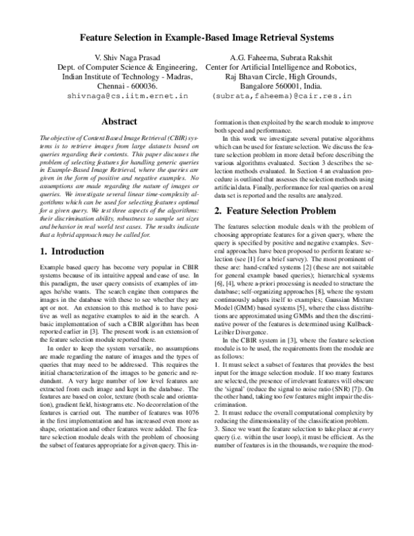Pdf Feature Selection In Example Based Image Retrieval Systems