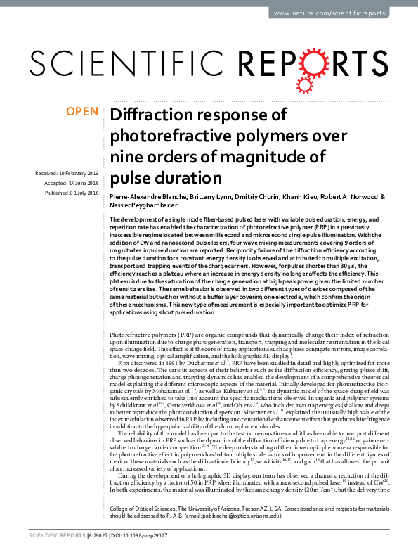 Pdf Diffraction Response Of Photorefractive Polymers Over Nine Orders