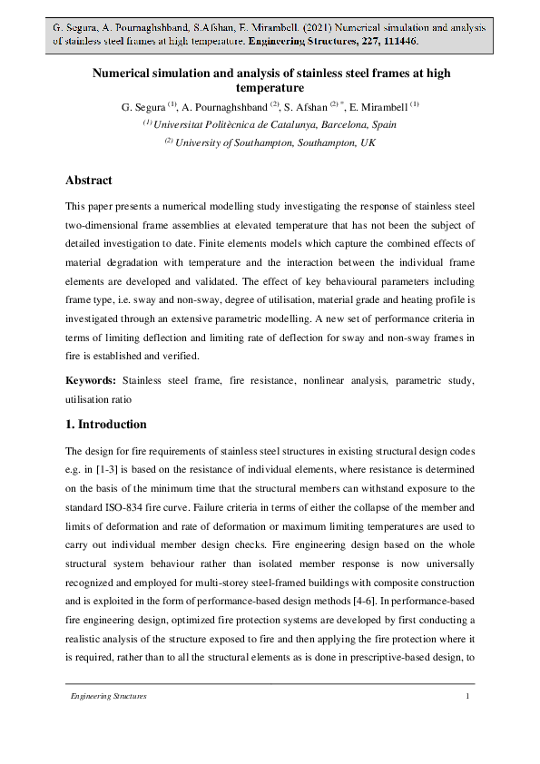 (PDF) Numerical simulation and analysis of stainless steel frames at high temperature