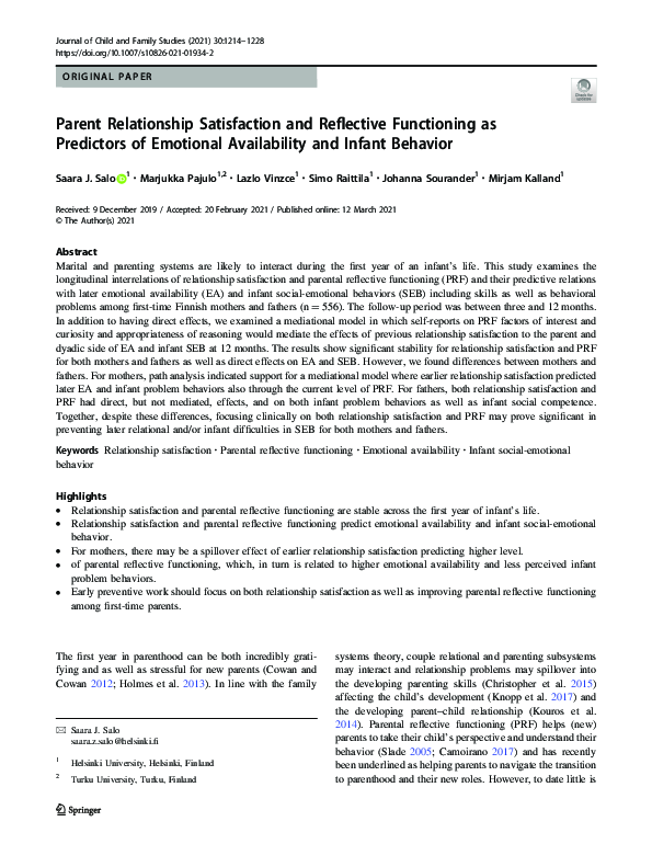 (PDF) Parent Relationship Satisfaction and Reflective Functioning as ...