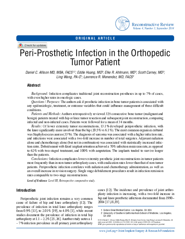 (PDF) Peri-Prosthetic Infection in the Orthopedic Tumor Patient