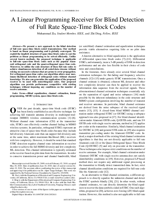 Pdf A Linear Programming Receiver For Blind Detection Of Full Rate Space Time Block Codes