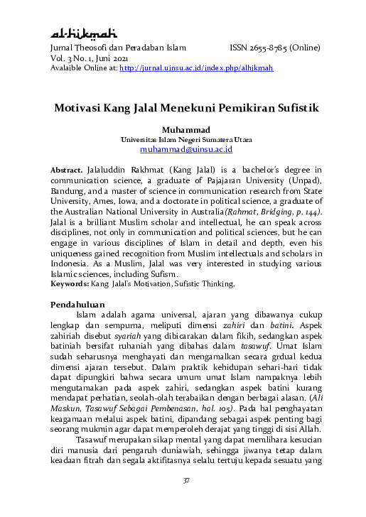 (PDF) Motivasi Kang Jalal Menekuni Pemikiran Sufistik