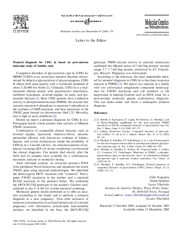 (PDF) Prenatal diagnosis for CDG Ia based on post-mortem molecular ...