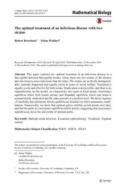 (PDF) The optimal treatment of an infectious disease with two strains