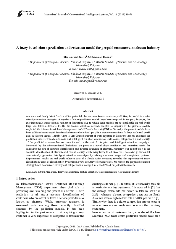 Pdf A Fuzzy Based Churn Prediction And Retention Model For Prepaid Customers In Telecom Industry