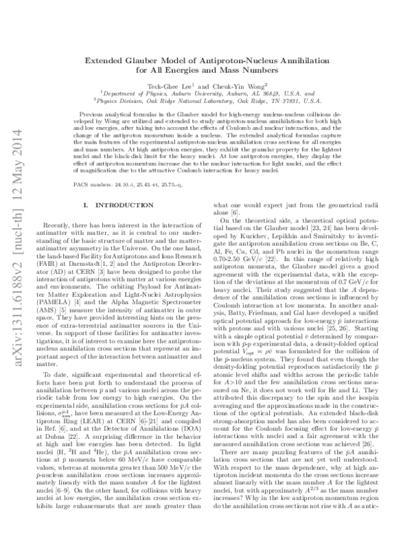 (PDF) Extended Glauber model of antiproton-nucleus annihilation for all energies and mass numbers
