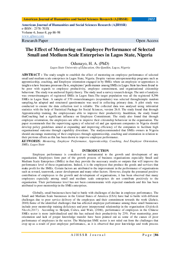 (PDF) The Effect of Mentoring on Employee Performance of Selected Small and Medium Scale ...