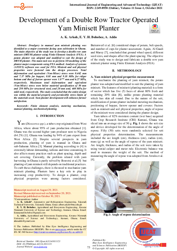 (PDF) Development of a Double Row Tractor Operated Yam Minisett Planter