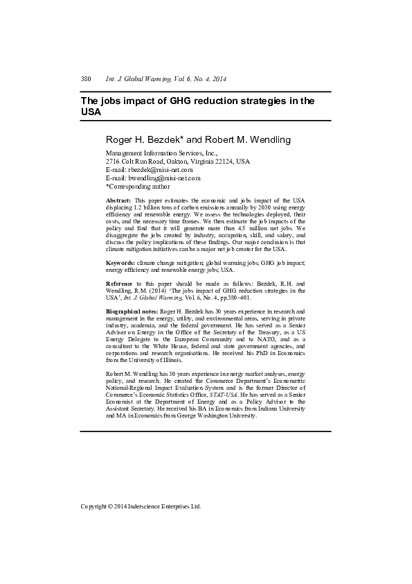 (PDF) The jobs impact of GHG reduction strategies in the USA