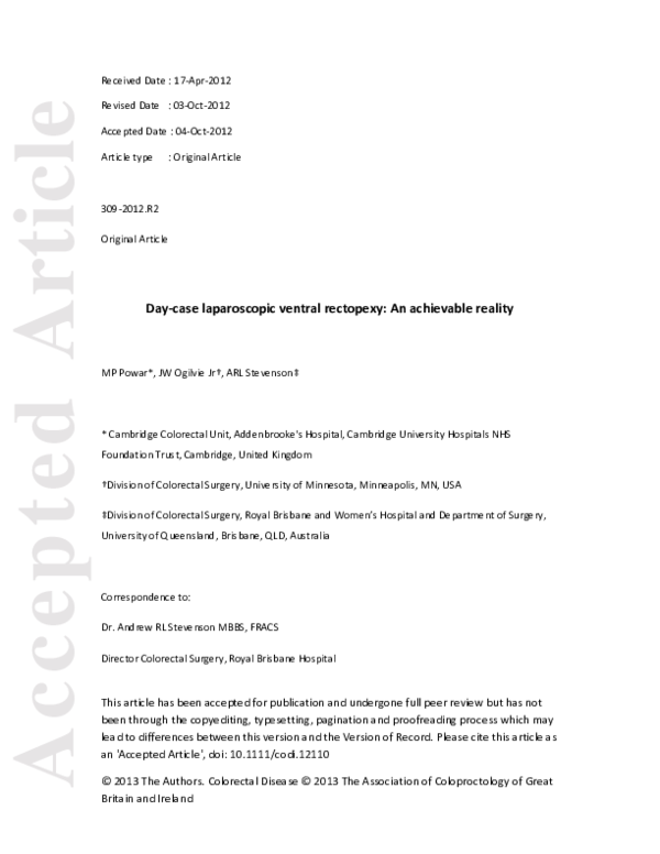 (PDF) Day-case laparoscopic ventral rectopexy: an achievable reality