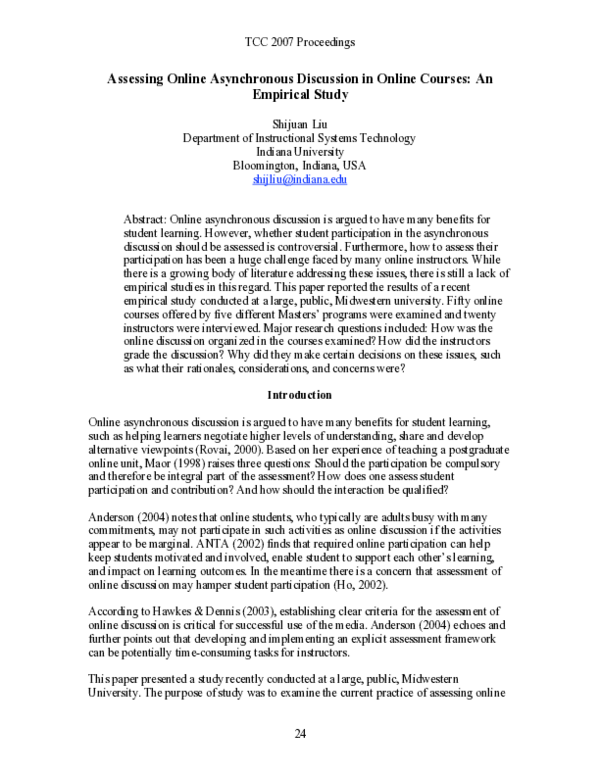 (PDF) Assessing Online Asynchronous Discussion in Online Courses: An Empirical Study | Shijuan ...